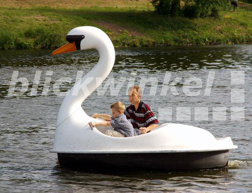 blickwinkel - Vater und Sohn fahren Tretboot in Form eines Schwanes ...